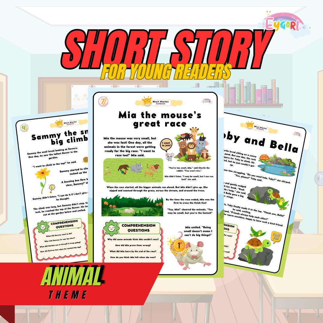 10 Pages Animals Short Stories Printable Flashcards for Kids Themed ...