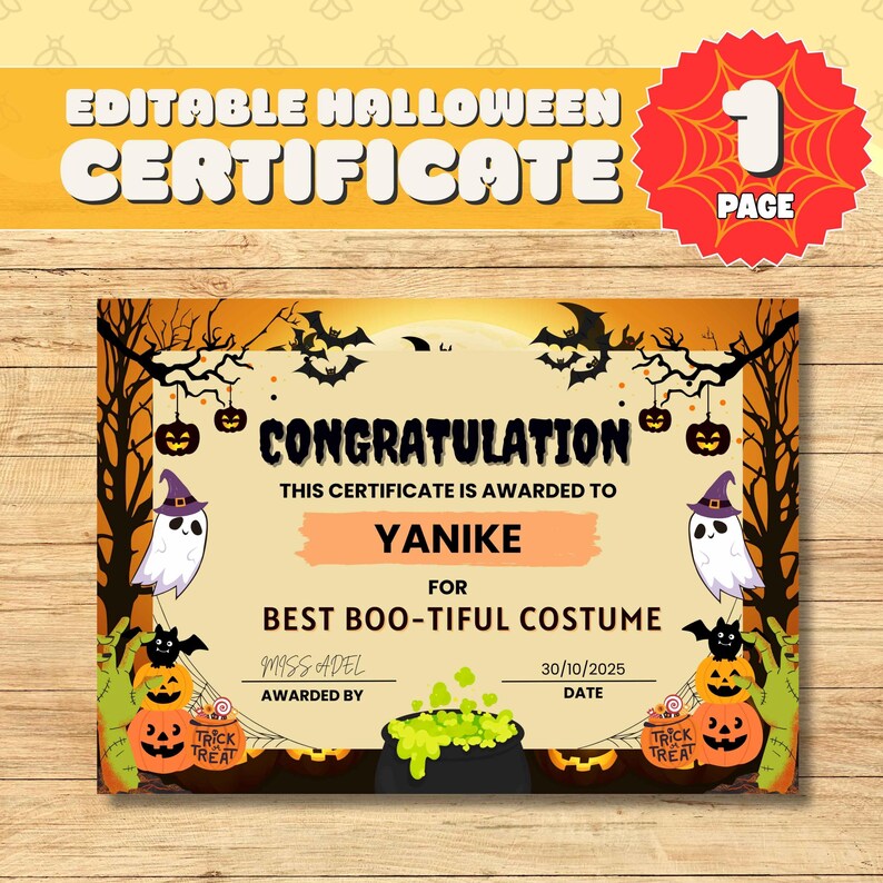 Editable Halloween Certificate Awards Kids Certificate Costume Party ...