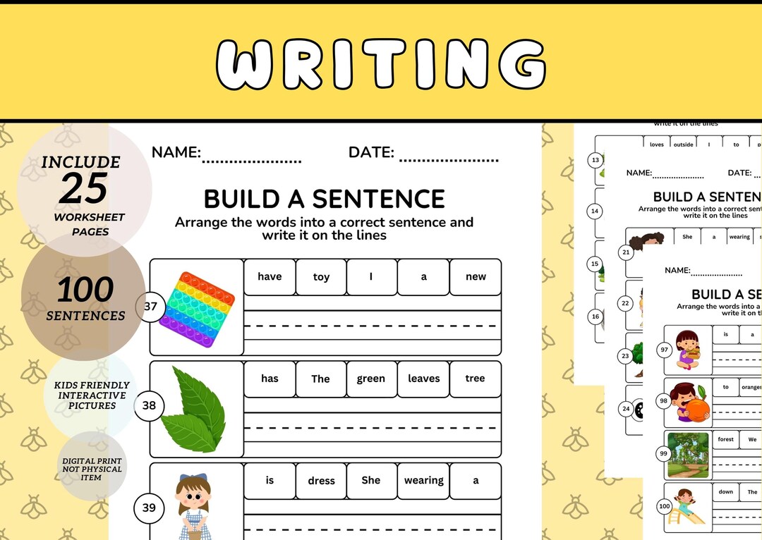 Build Sentences Writing Practice Worksheets, 25 Pages of Printable ...