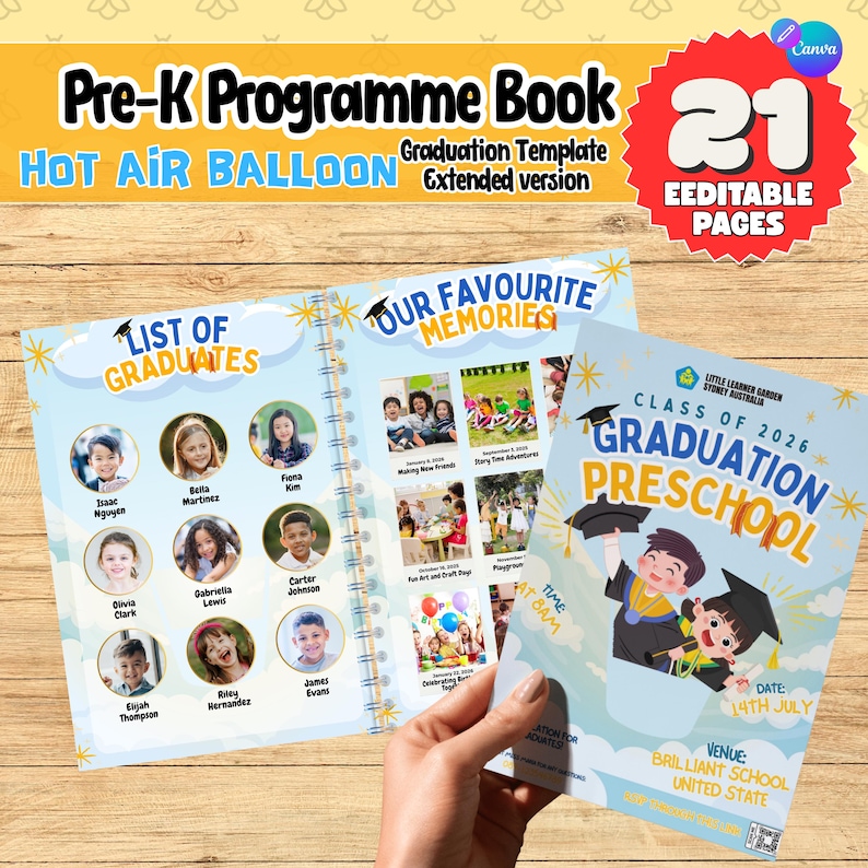 Hot Air Kindergarten Graduation Program Template Editable Canva ...