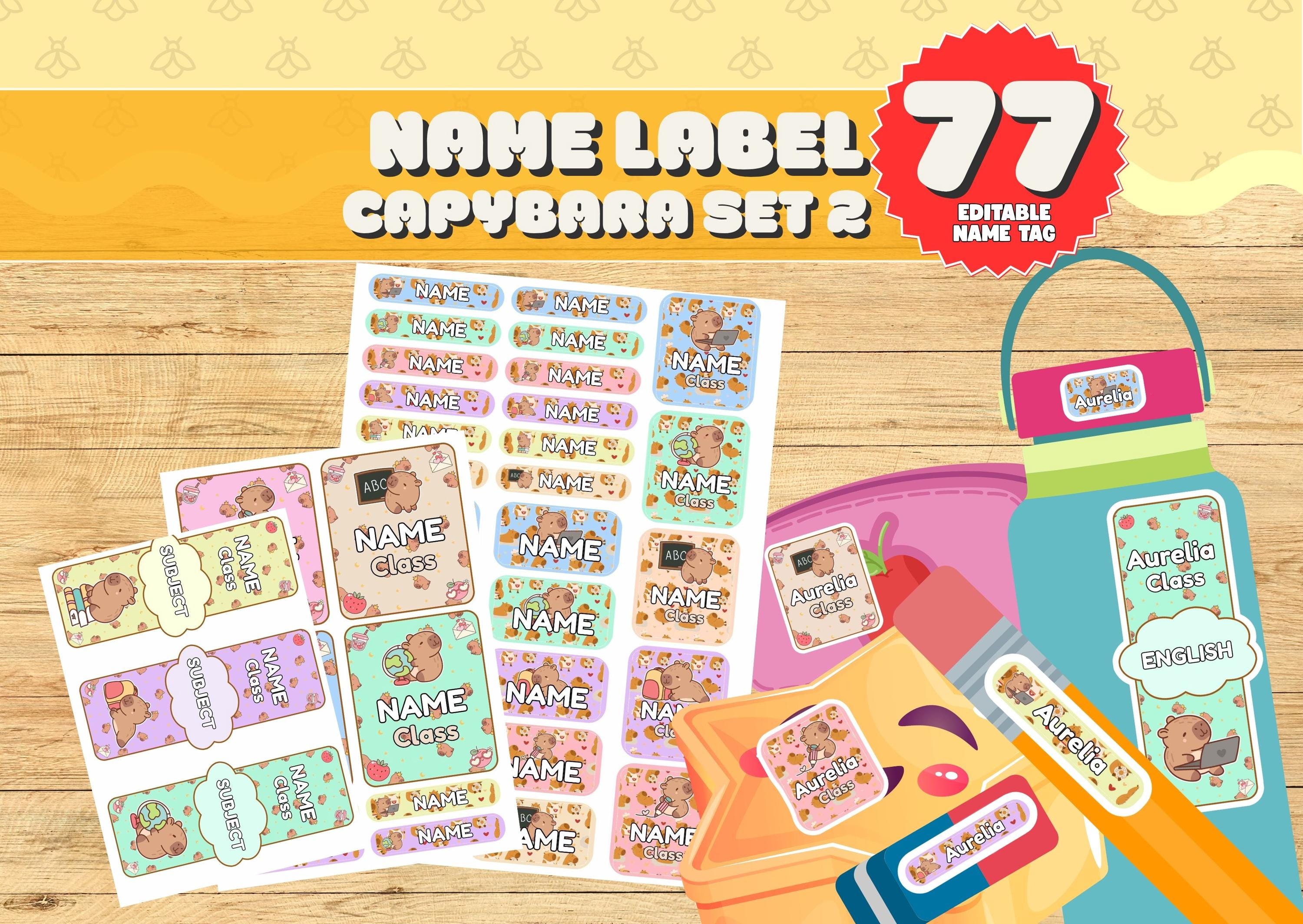 Capybara Editable Student Name Sticker Kids Name Label Cute Capybara ...