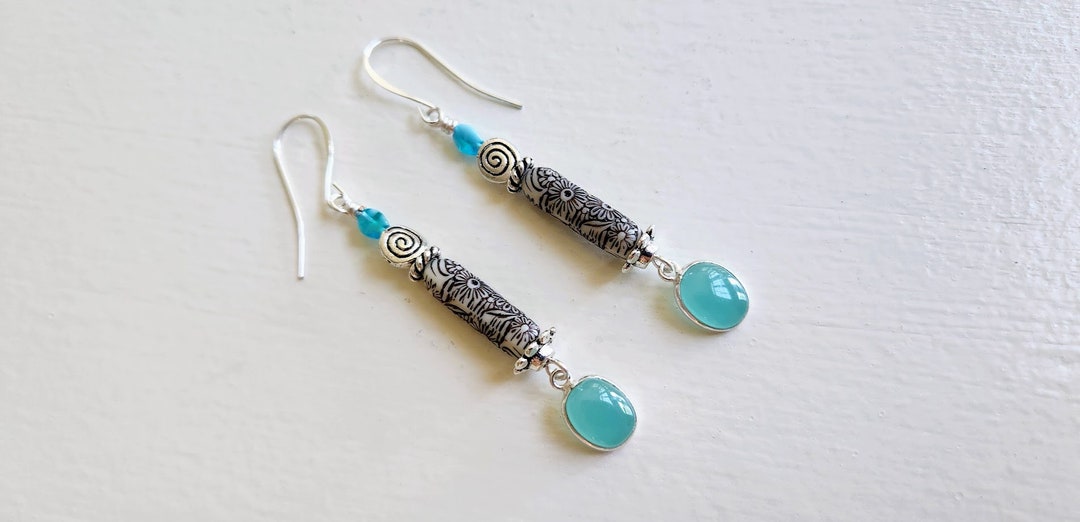 Ocean Blue Gem Semiprecious Silver Swirls Contemporary Earrings - Etsy