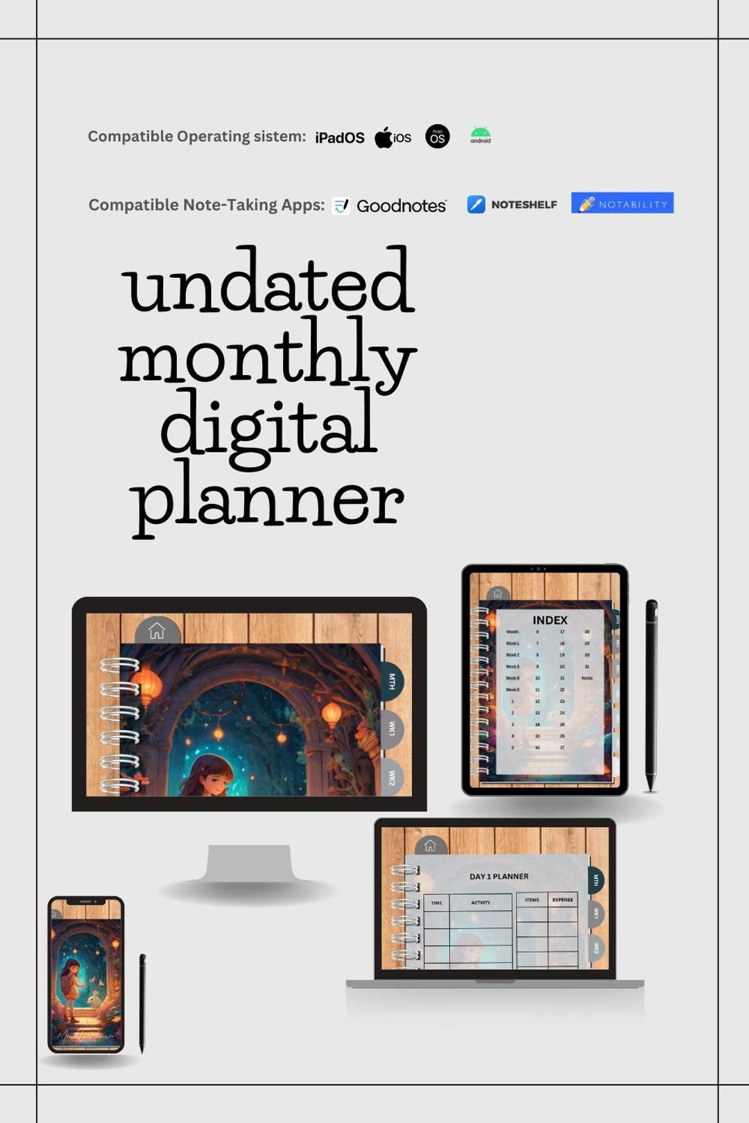 Undated Monthly Digital Planner: Goodnotes, Notability (PDF) #planner # ...
