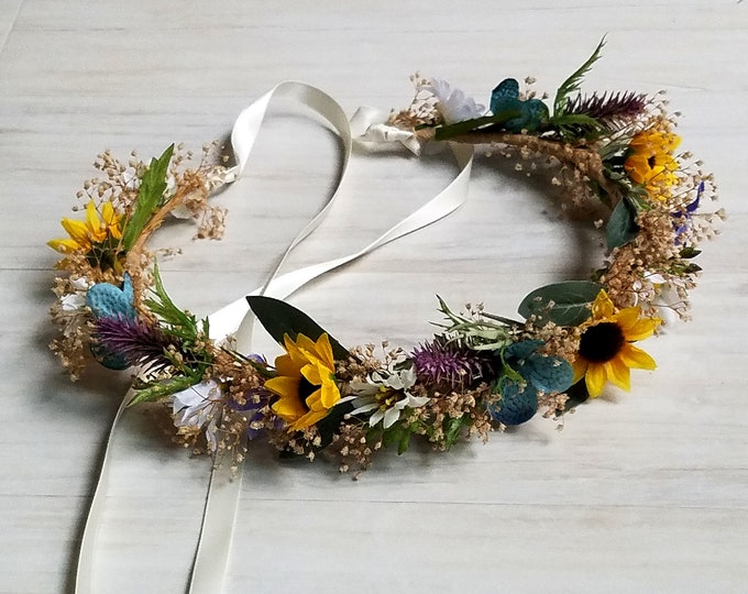 Thistle Flower Crown Sunflower Bridal Hair Wreath Dried Silk Floral ...