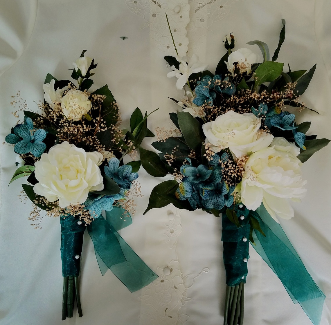 Silk wedding flowers Bridal bouquet teal eucalyptus | Etsy