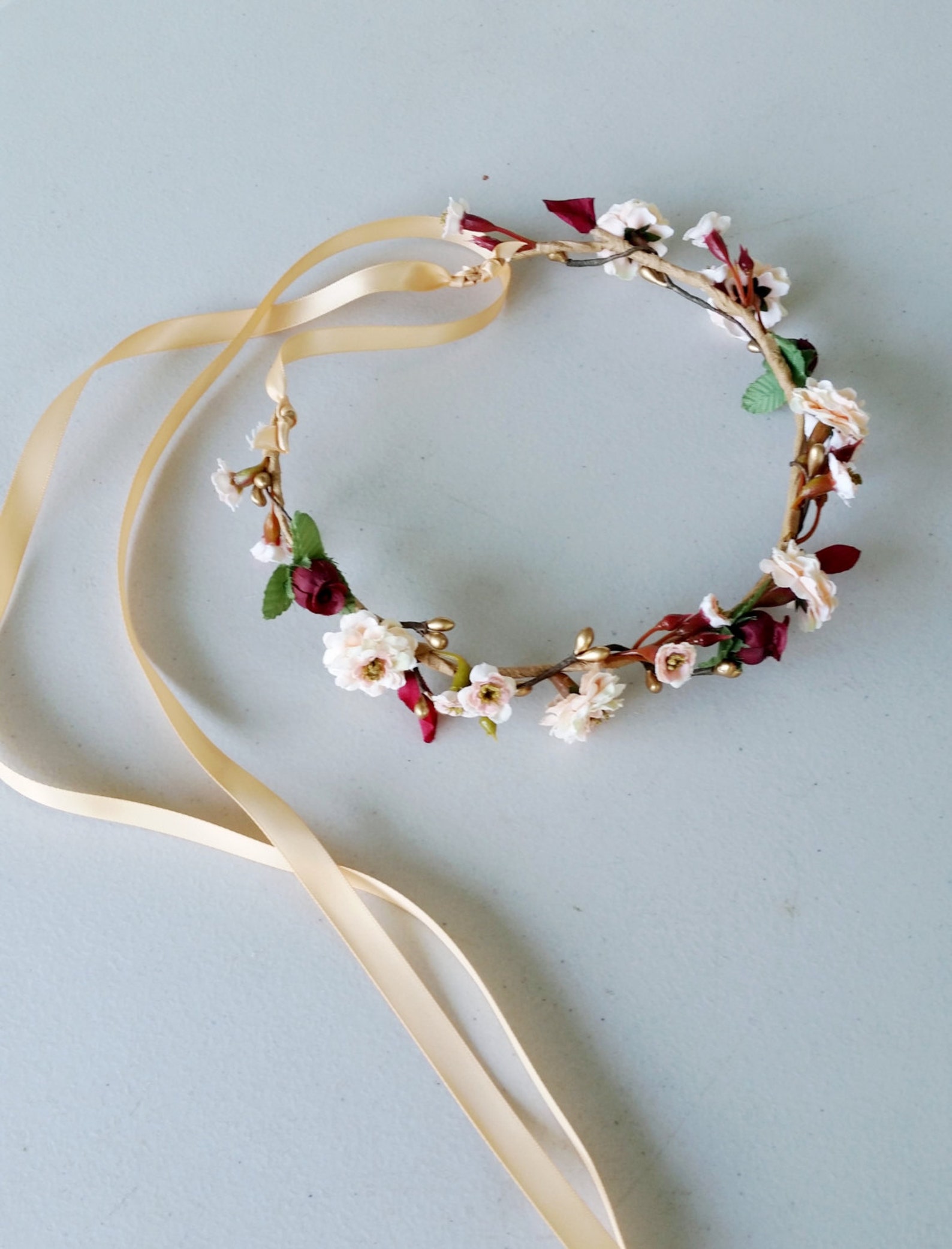 Boho Flower Crown Burgundy Blush Gold Goddess Halo Bridal Hair - Etsy