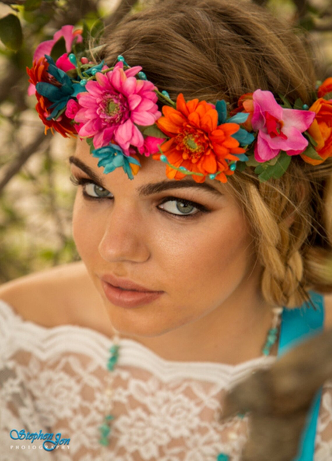 Colorful Flower Crown Destination Wedding Orange Hot Pink - Etsy