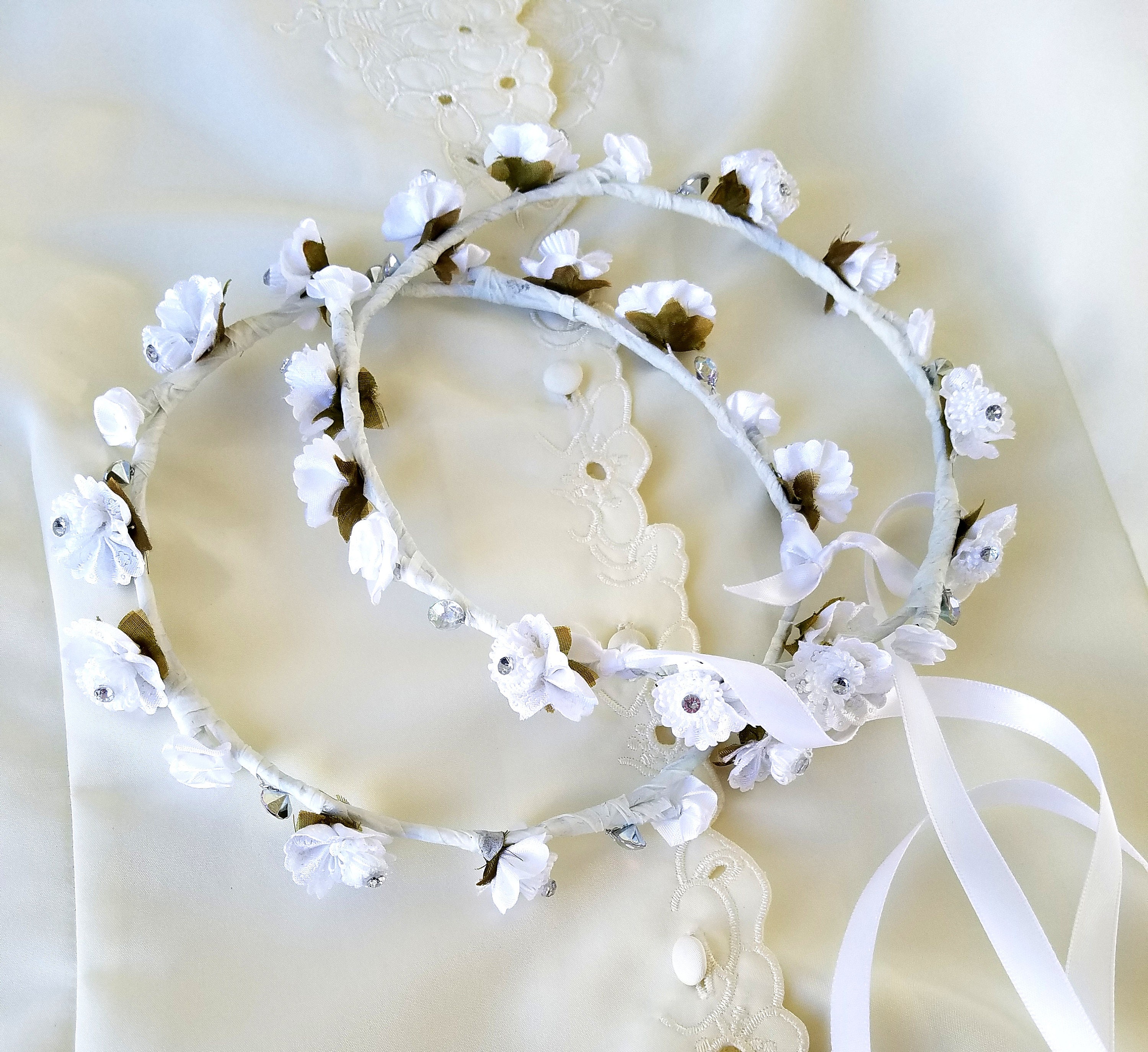 White Floral Stefana Crowns Rhinestones Greek Orthodox Bride Groom ...