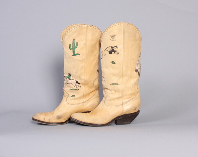 70s Painted COWBOY BOOTS / Rare Native American Feather - Etsy