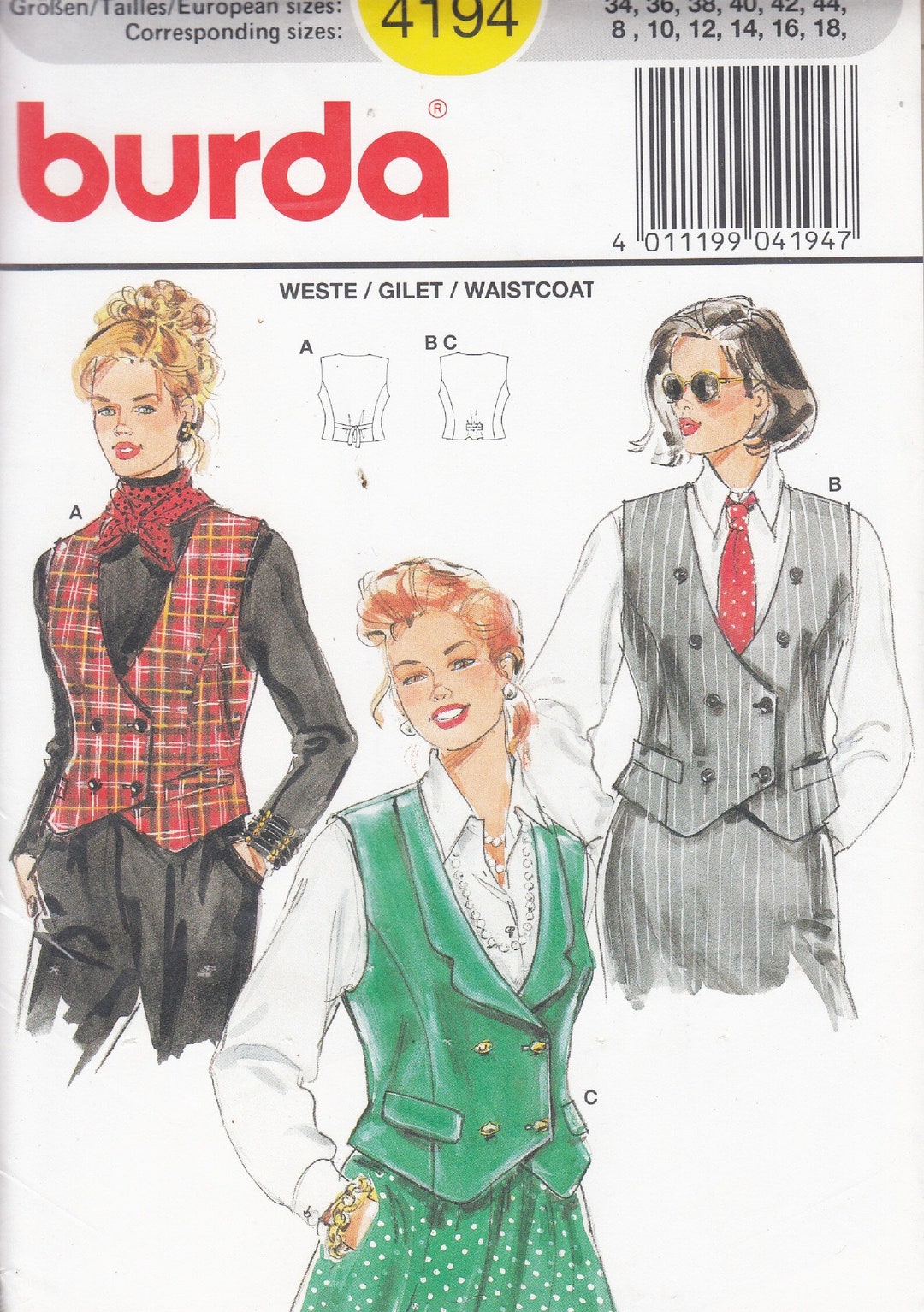 Burda 4194, Uncut Pattern for Vest or Weskit, Sizes 8, 10, 12, 14, 16 ...