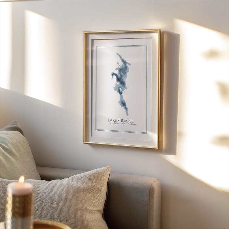 Lake Sunapee Printable Depth Contour Map - Bathymetry Art Map of Lake Sunapee in Sunapee, New ...