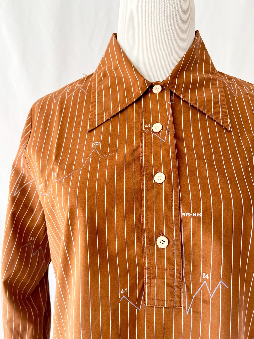 70s Nik Nik Shirt / Math Graph Half Buttondown Brown Striped Blouse ...