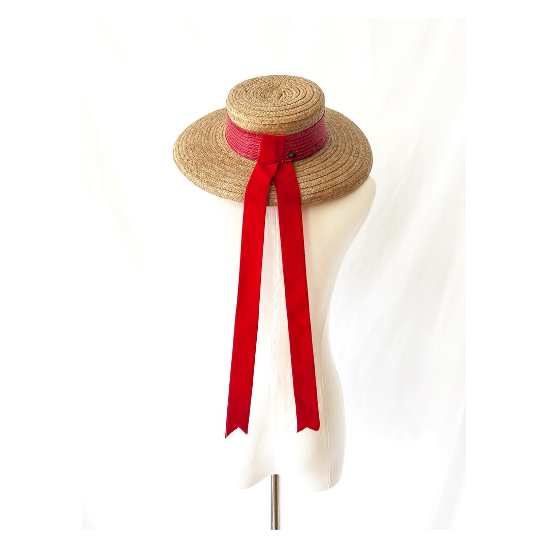 Vintage John Frederics Straw Boater Hat: Wide Brim, Red Velvet Ribbon ...