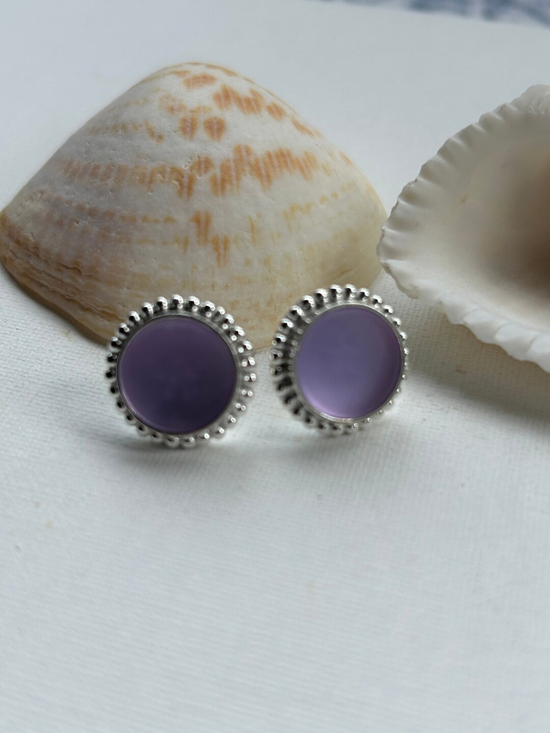 Sterling Silver Purple Cultured Sea Glass Stud Earrings, Circle Glass ...