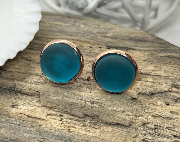 Aquamarine Blue Rose Gold Sea Glass Stud Earrings for Women; Beach ...