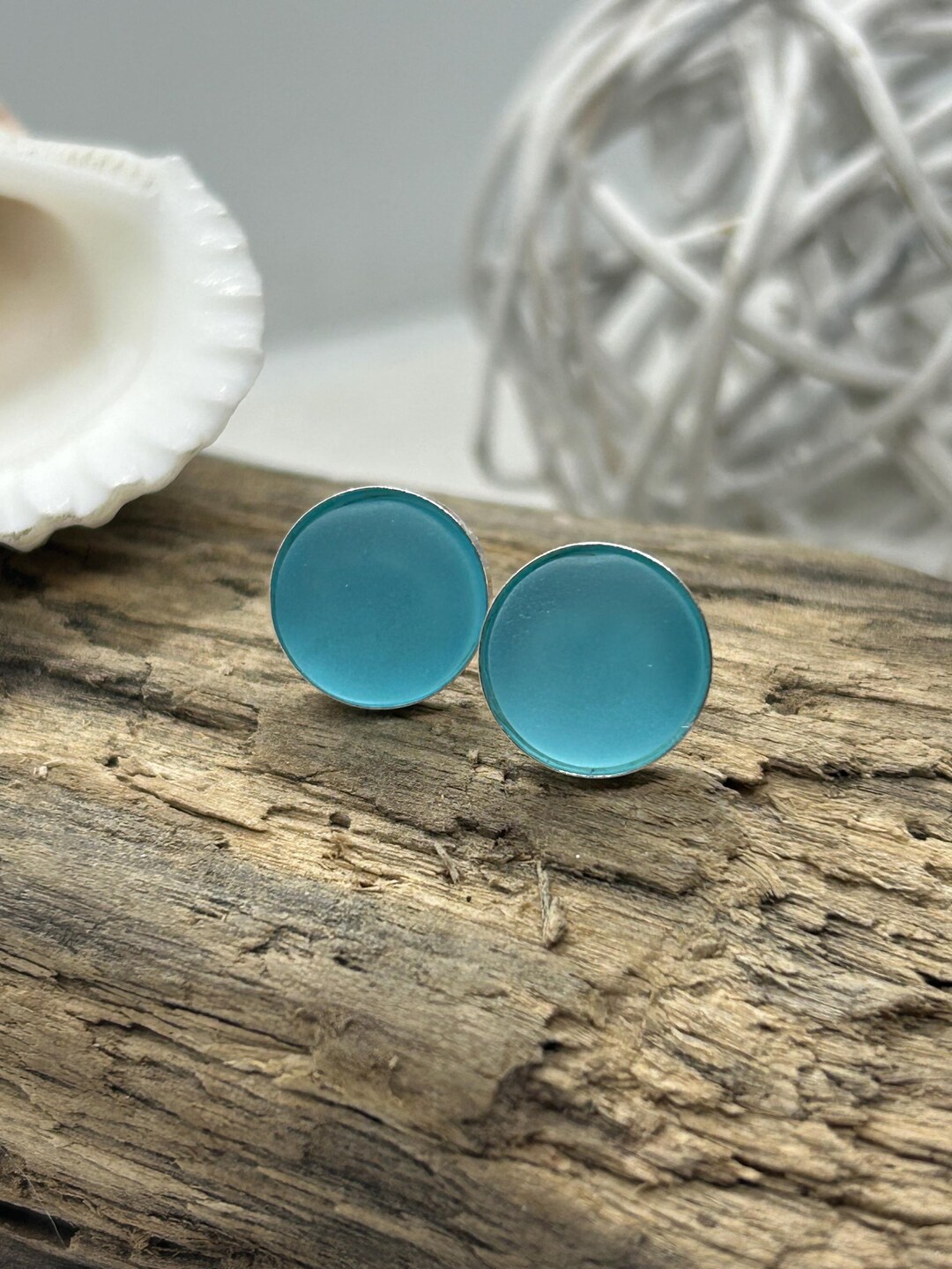 Blue Sterling Silver Sea Glass Stud Earrings for Women; Beach Glass ...