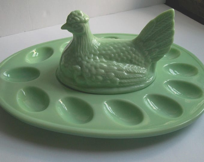 Jadeite Glass L. E. Smith Egg Plate Deviled Egg Platter Hen Cover - Etsy