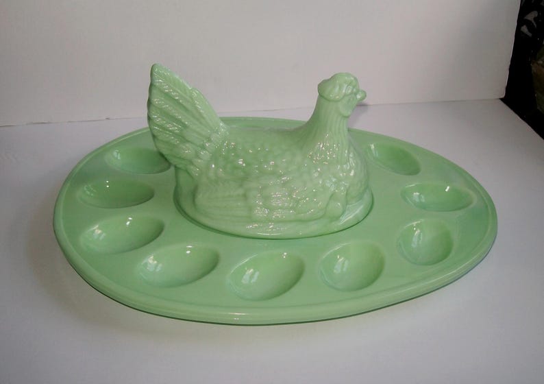 Jadeite Glass L. E. Smith Egg Plate Deviled Egg Platter Hen Cover - Etsy