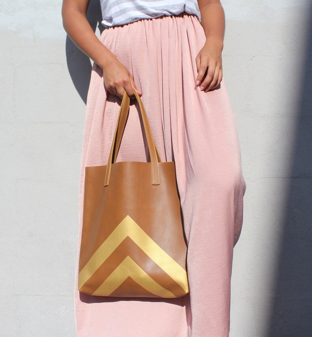 Tan Leather Tote Bag, Handmade With Screen Printed ‘peaks’ Geometric ...