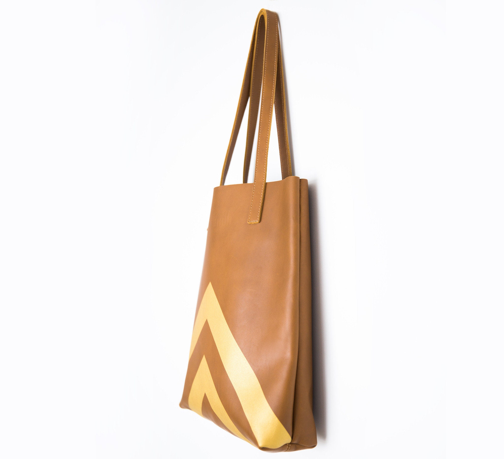 Tan Leather Tote Bag, Handmade With Screen Printed ‘peaks’ Geometric ...
