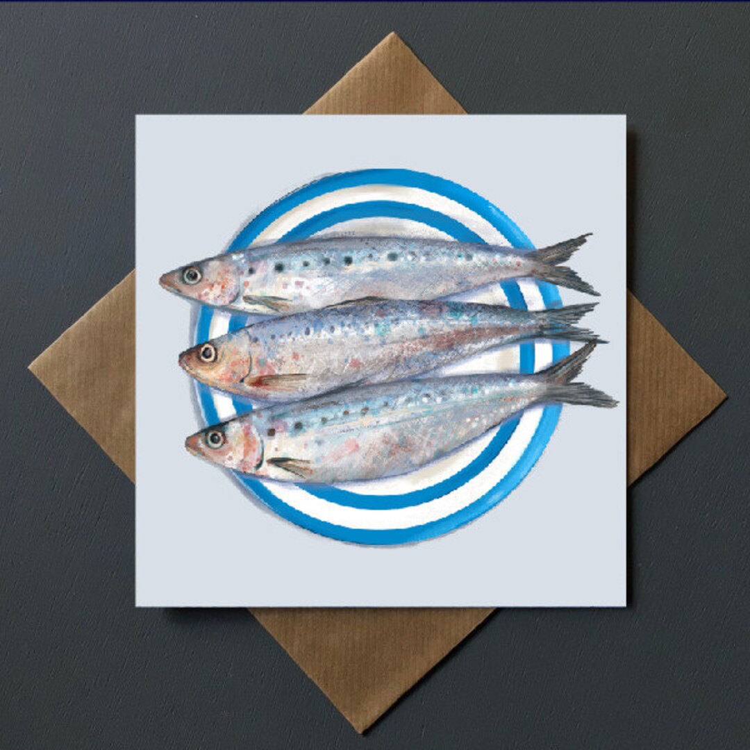 Cornish Sardines Card. Sardines on a Cornishware Plate, Nautical ...