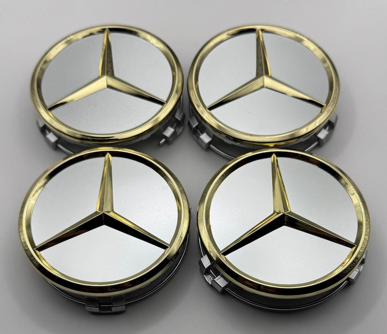 SET OF 4 Mercedes Silver Gold Alloy Wheel Centre Caps 75MM Fit A Class ...