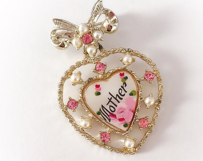 Vintage Mother Heart Dangle Brooch Pink Rhinestones and Faux Pearls - Etsy
