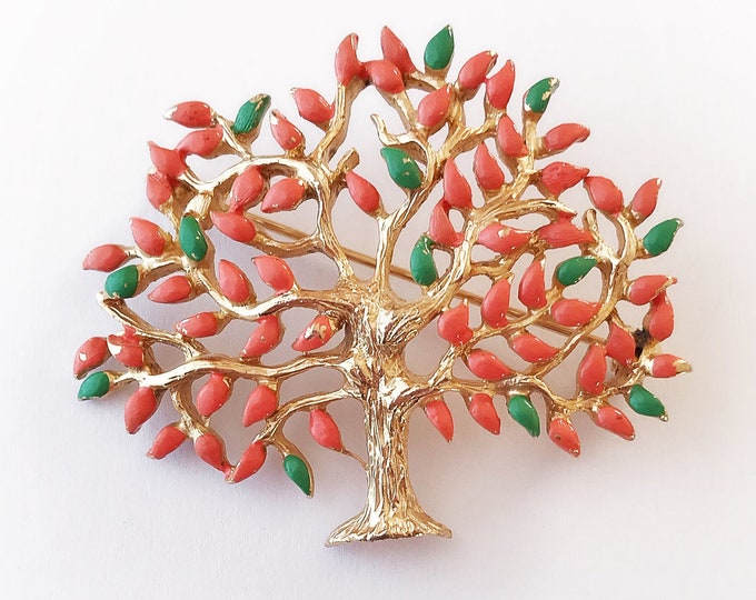 Vintage Orange and Green Leaf Tree Brooch - Etsy