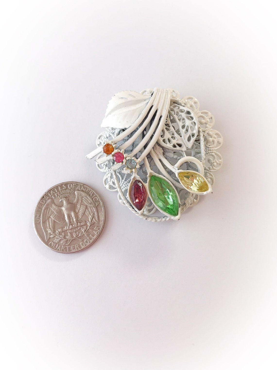 Vintage White Enamel Brooch With Multi Color Rhinestones | Etsy