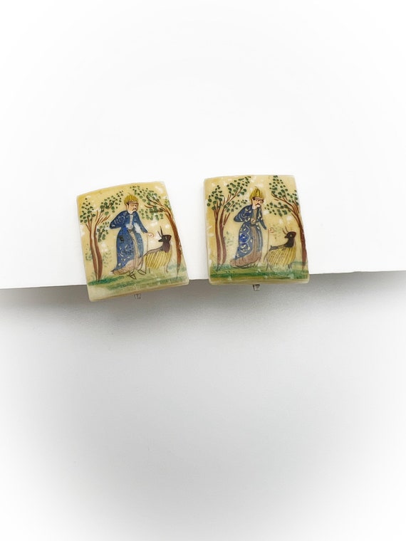 Vintage Bone Block Tile Painted Man and Goat Screw Ba… - Gem