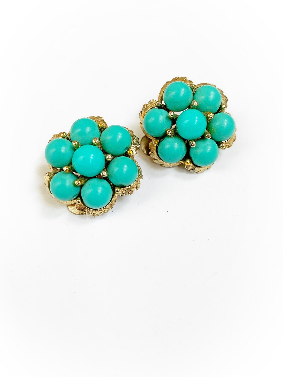Vintage Turquoise Blue Plastic Bead and Gold Tone Metal Frame Clip on ...