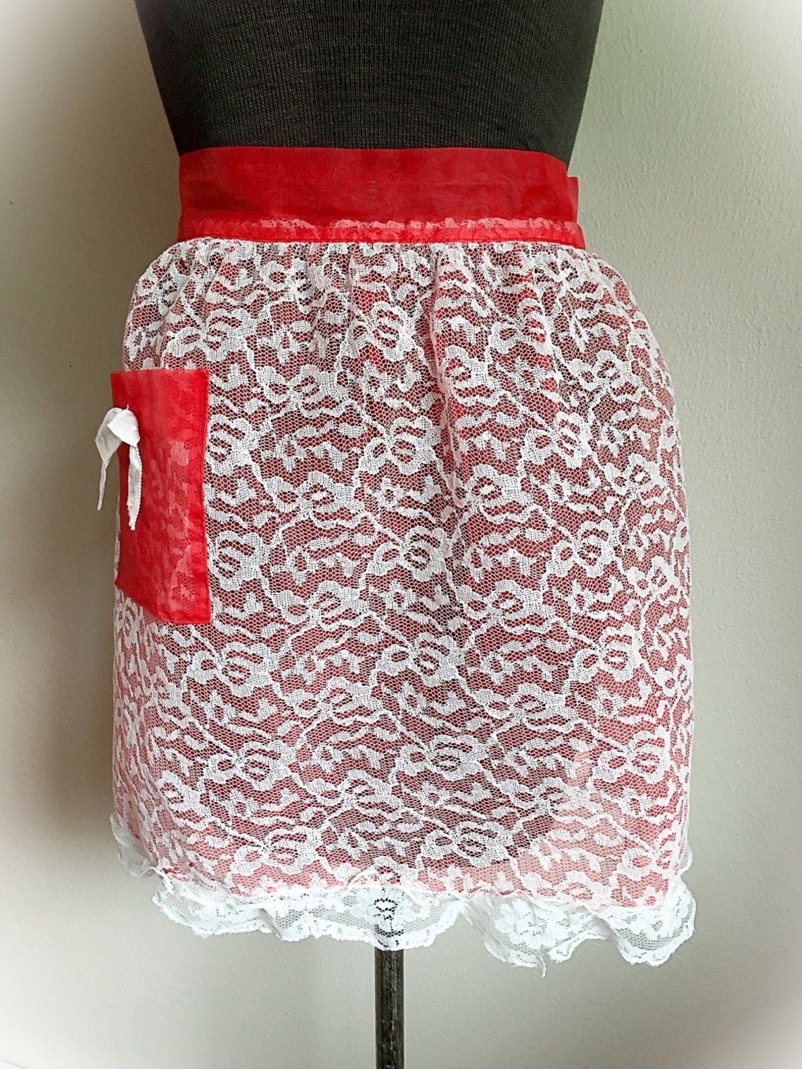 Vintage Red Nylon and White Lace Apron | Etsy