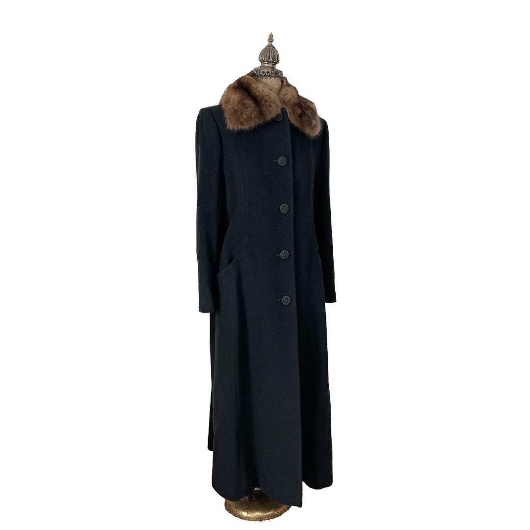 Vintage NOS Black Fleurette Cashmere and Wool Floor Length Coat With ...