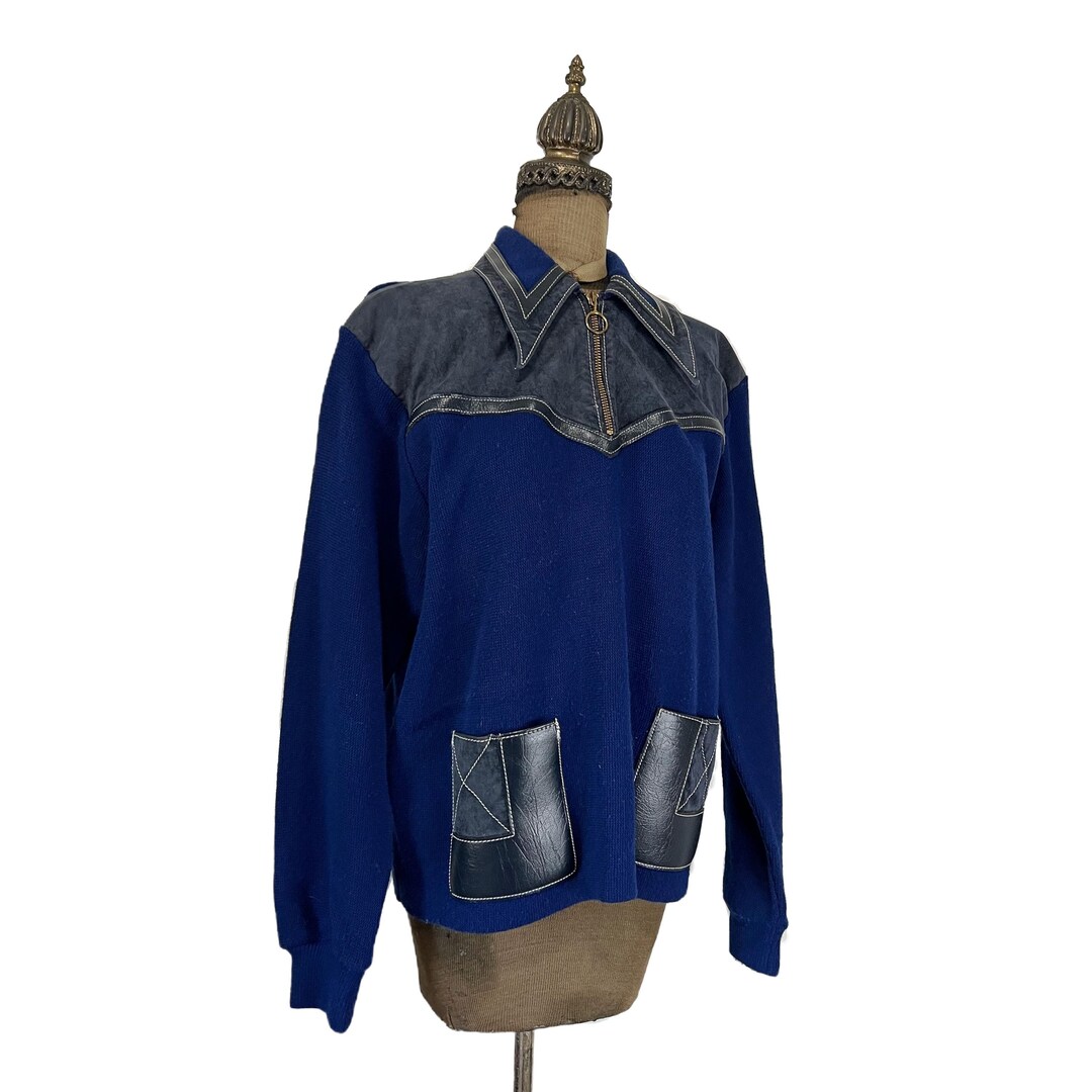 Vintage 1970s Virgin Orlon Acrylic and Faux Suede Pleather Zip up ...