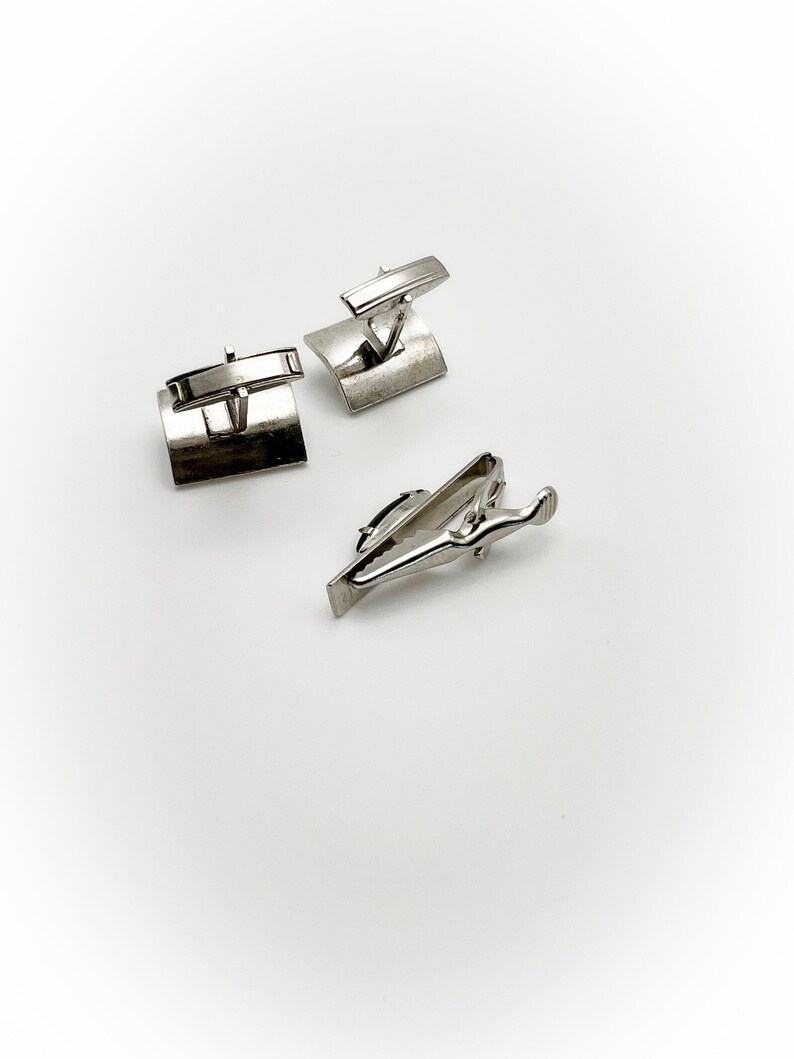 Vintage Tie Clip and Cuff Links Set Silver Tone Metal and Black ...
