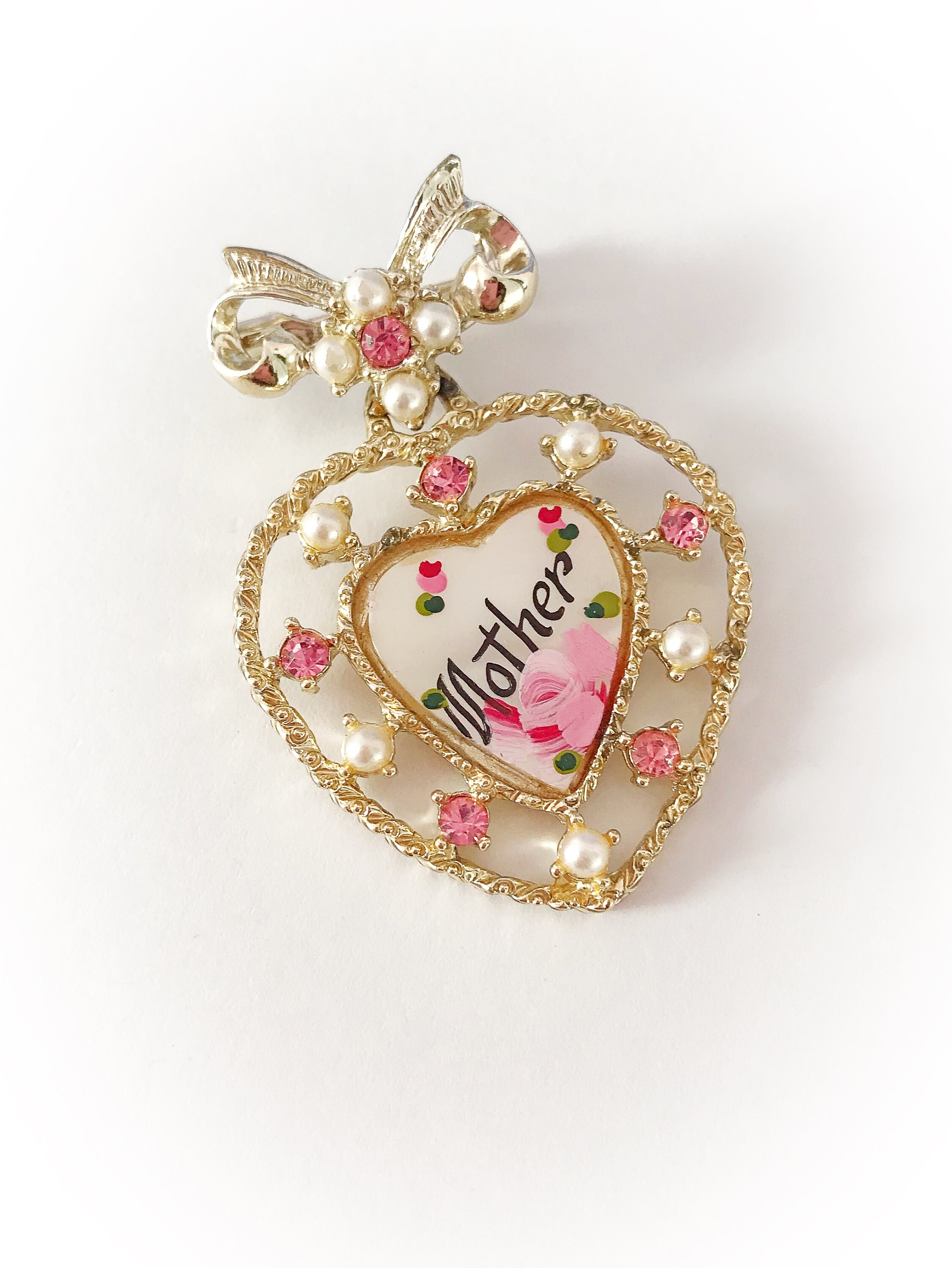 Vintage Mother Heart Dangle Brooch Pink Rhinestones and Faux | Etsy
