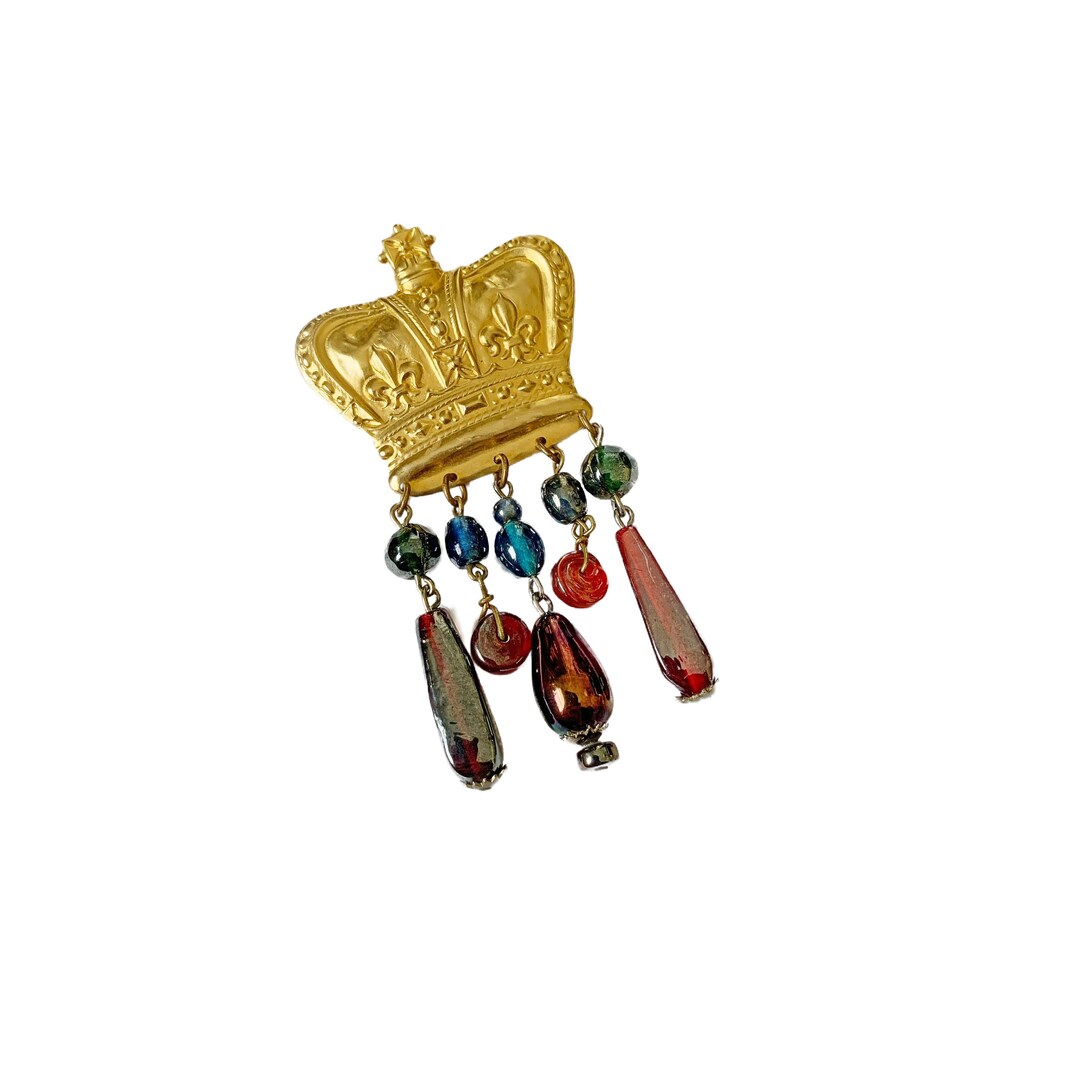 Vintage Gold Tone Metal Crown Dangle Brooch With Glass Beads - Etsy