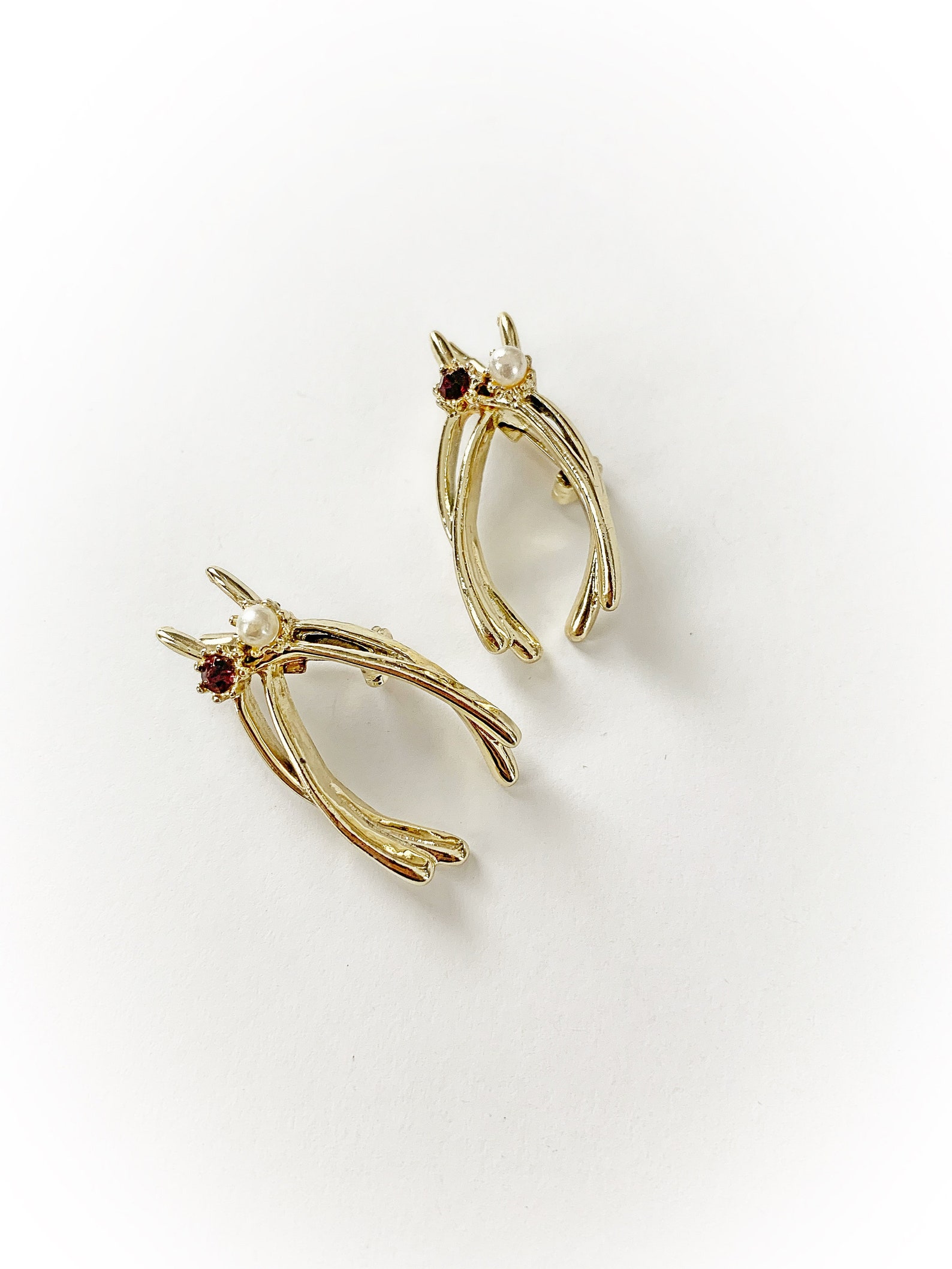 Vintage Wishbone Pair of Scatter Pin Brooches Gold Tone Metal With Faux ...