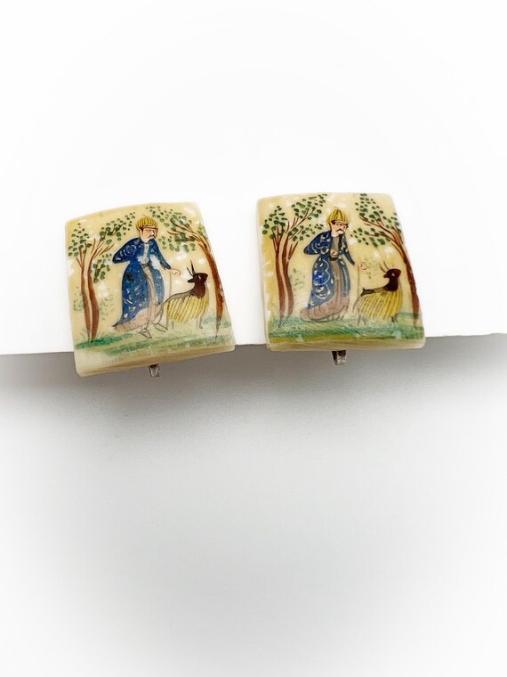 Vintage Bone Block Tile Painted Man and Goat Screw Ba… - Gem