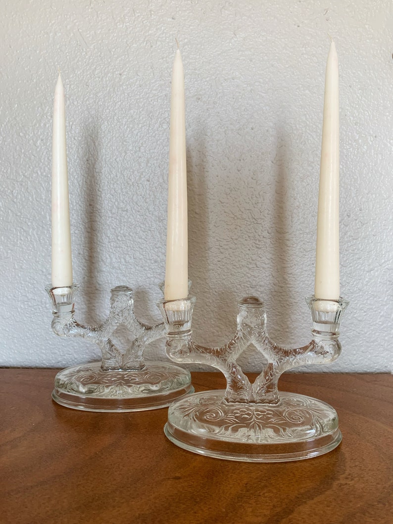 Vintage Pair Clear Glass Double Candlestick Holders - Etsy