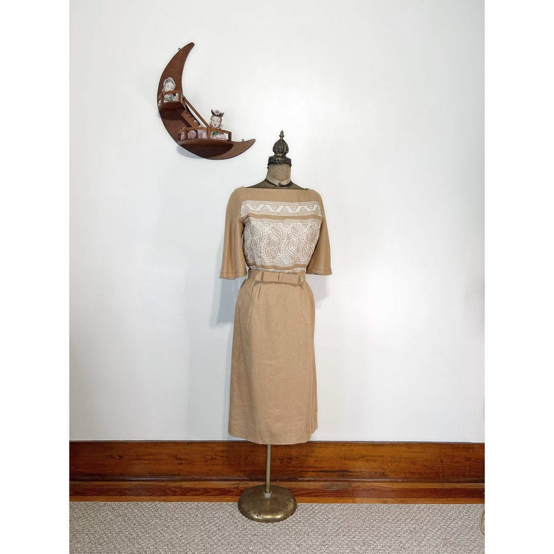 Vintage 1960s Carlye Camel and White Moygashel Irish Linen Dress With ...