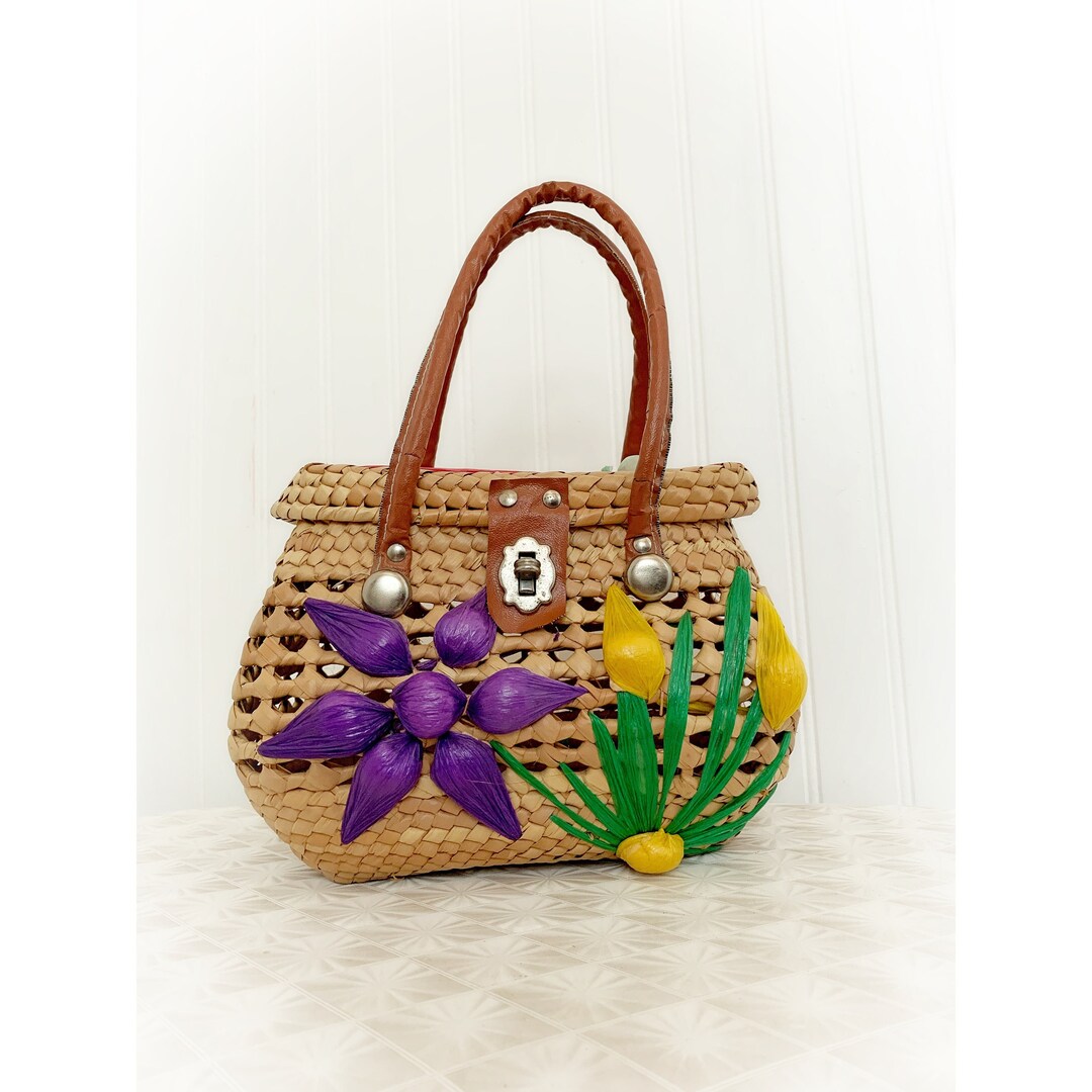 Vintage Straw Basket Purse With Raffia Flowers - Etsy