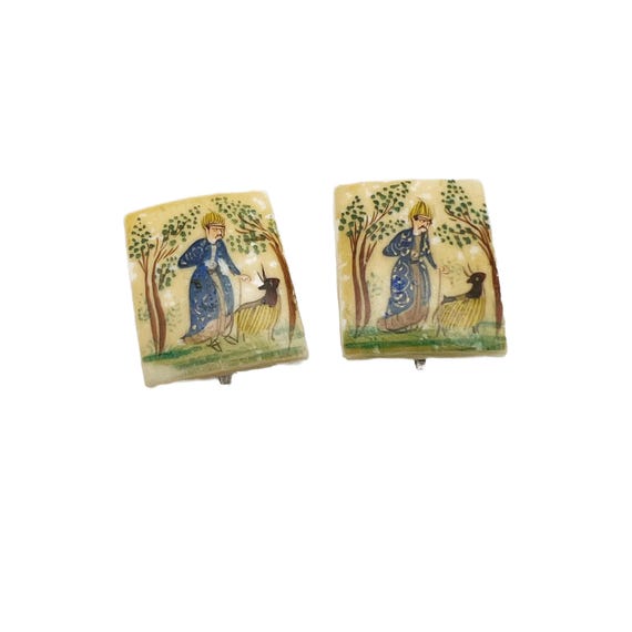 Vintage Bone Block Tile Painted Man and Goat Screw Ba… - Gem