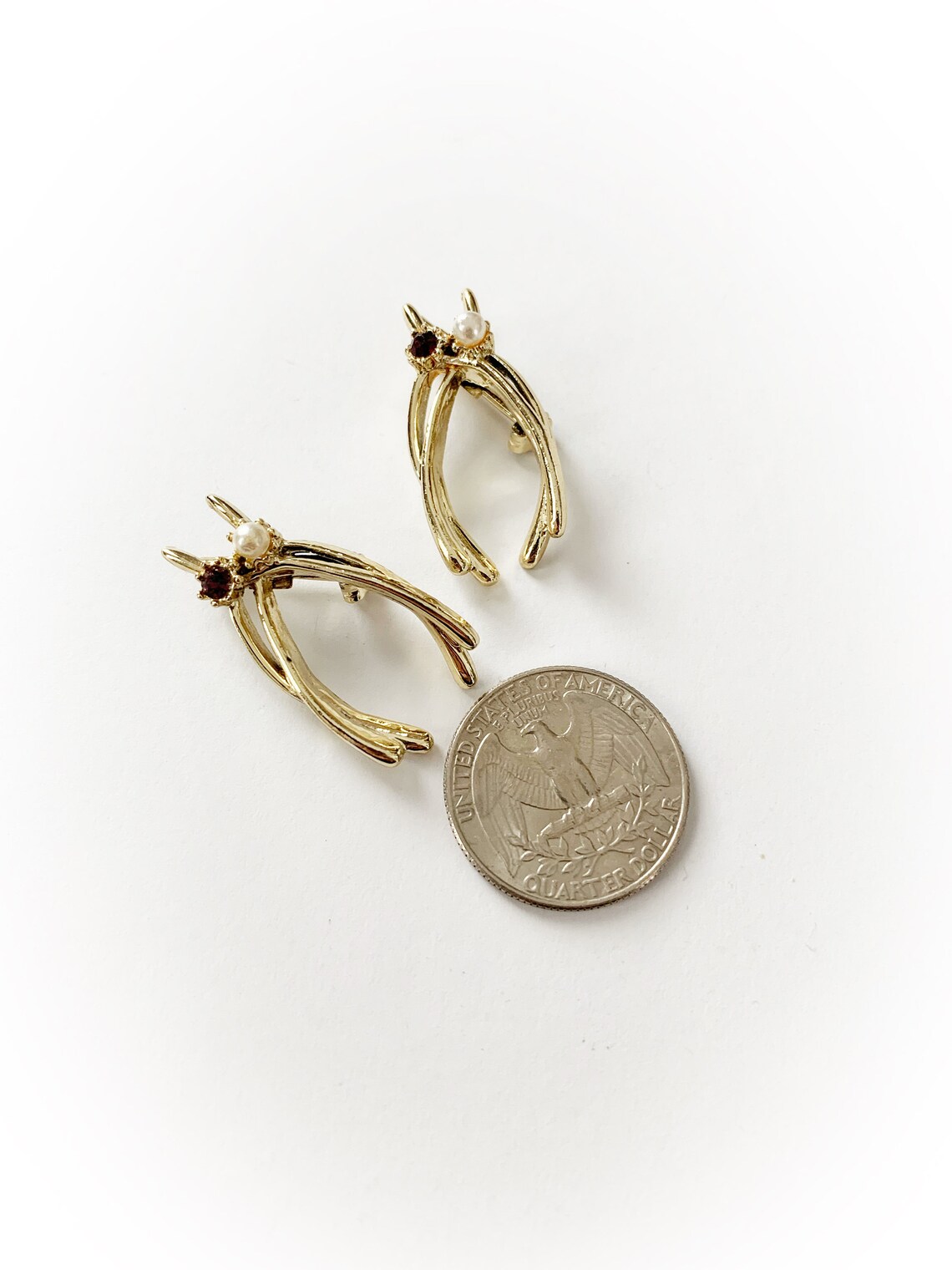 Vintage Wishbone Pair of Scatter Pin Brooches Gold Tone Metal With Faux ...