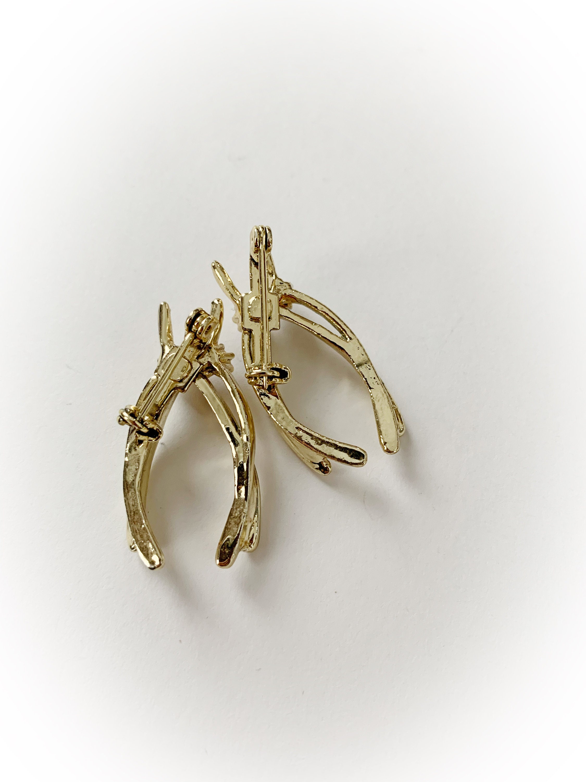Vintage Wishbone Pair of Scatter Pin Brooches Gold Tone Metal With Faux ...