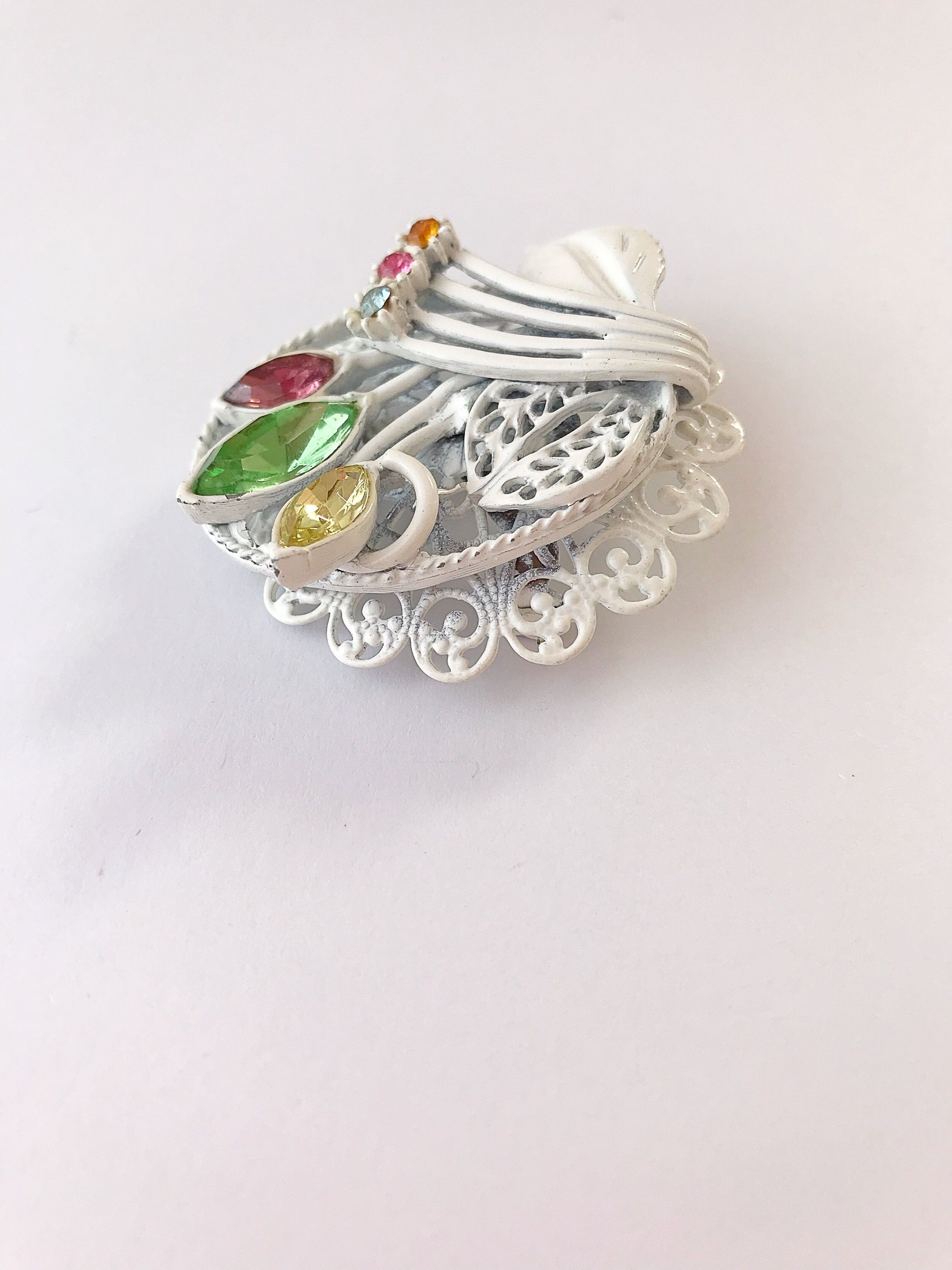 Vintage White Enamel Brooch with Multi Color Rhinestones | Etsy