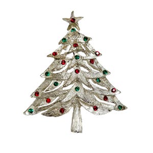 Vintage Silver Tone Metal Christmas Tree Brooch With Red and Green ...