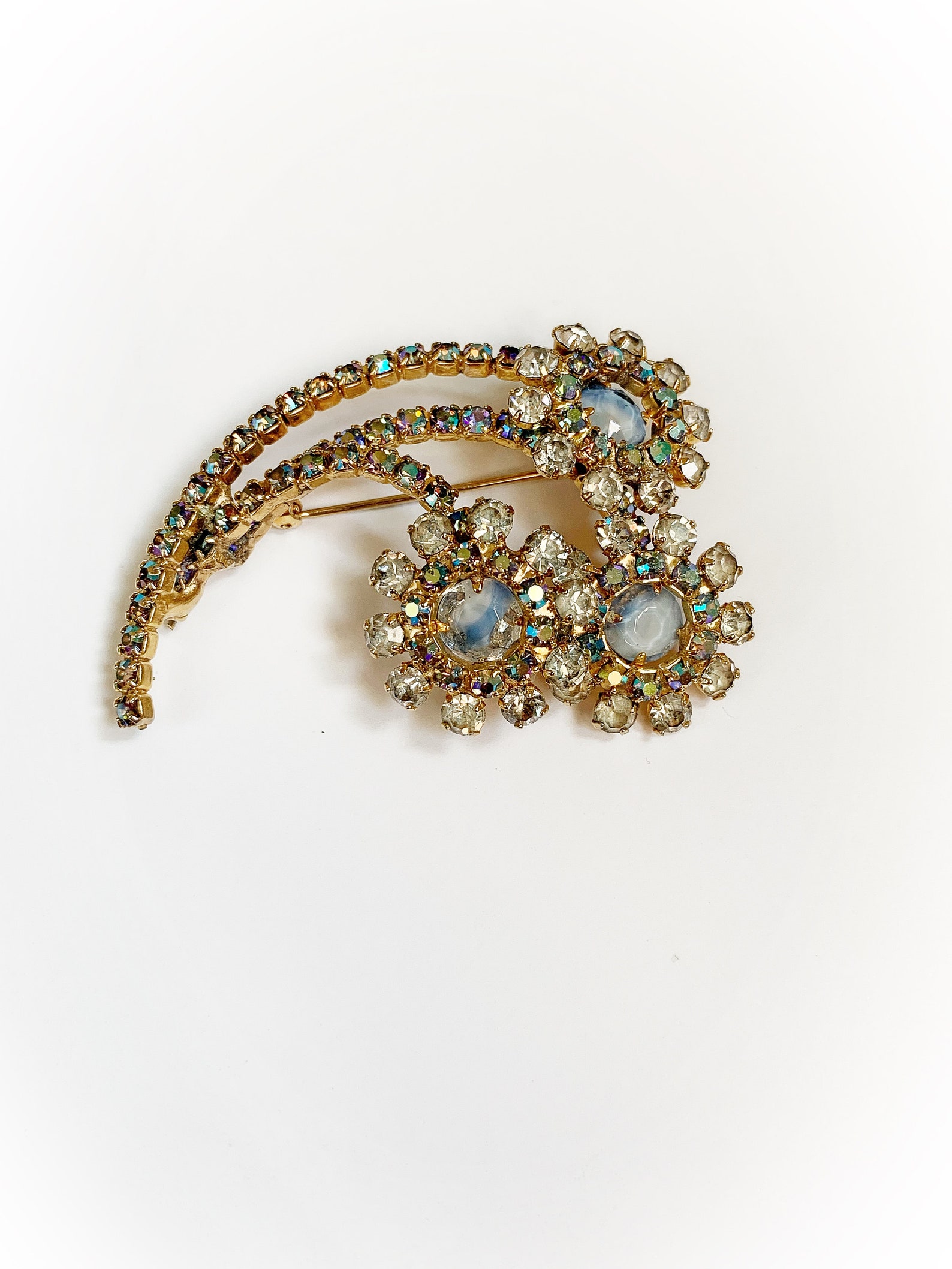 Vintage White and Blue Iridescent Rhinestone Flower Brooch | Etsy