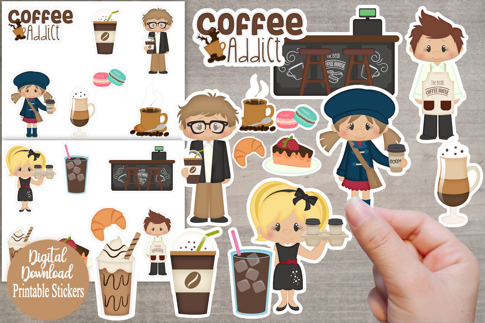 Coffee Addict Light Skin Printable Stickers Digital Collage | Etsy