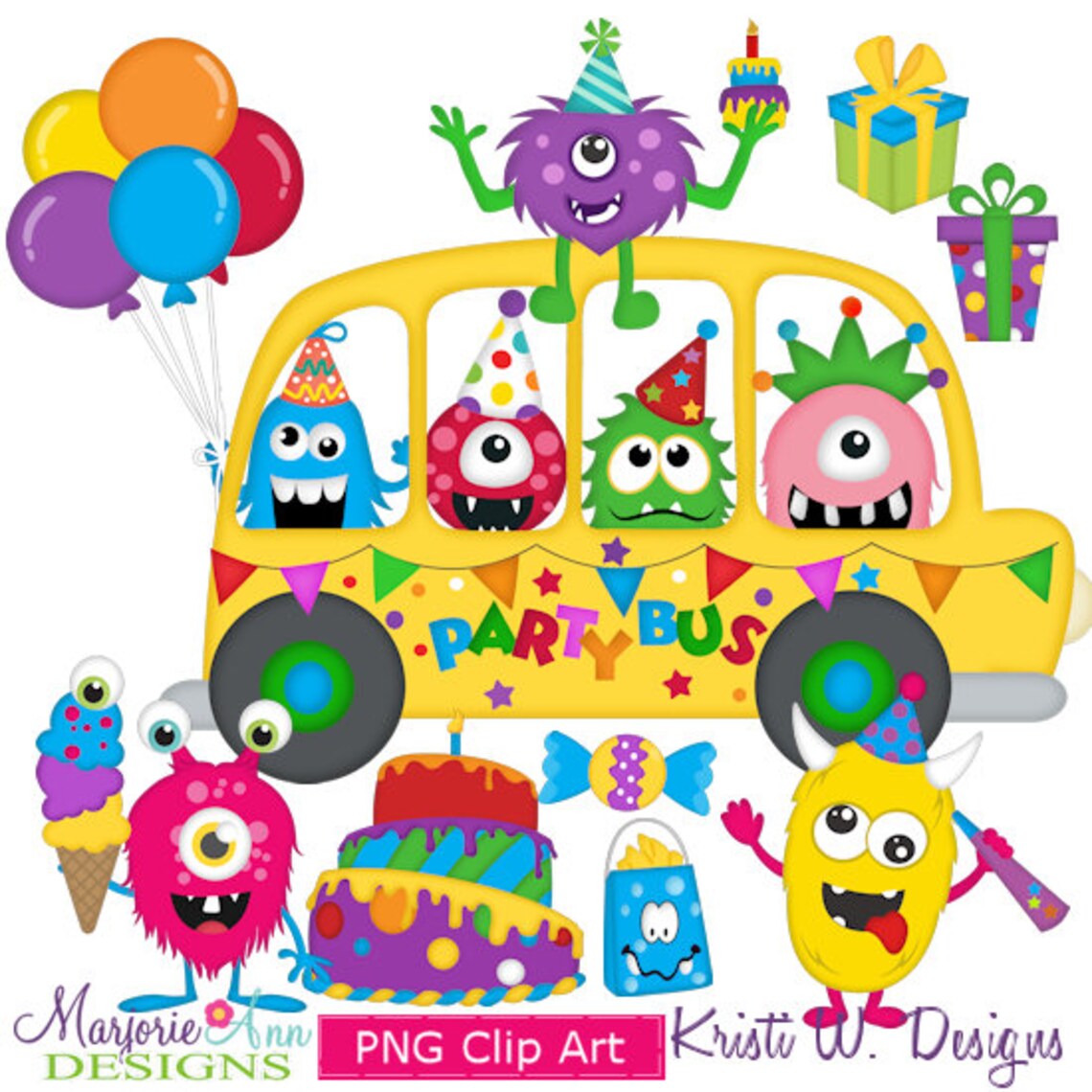 Monster Birthday Party Bus Clipart-instant Download-digital - Etsy